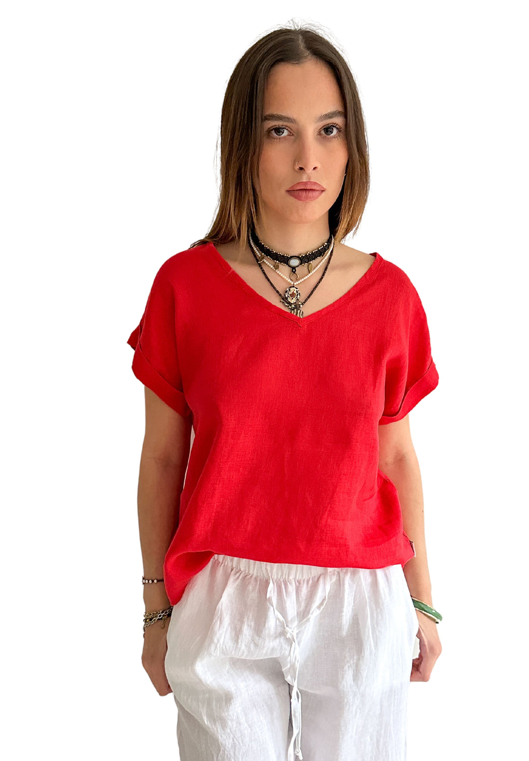 Martina Red Linen T-Shirt – camixa.com