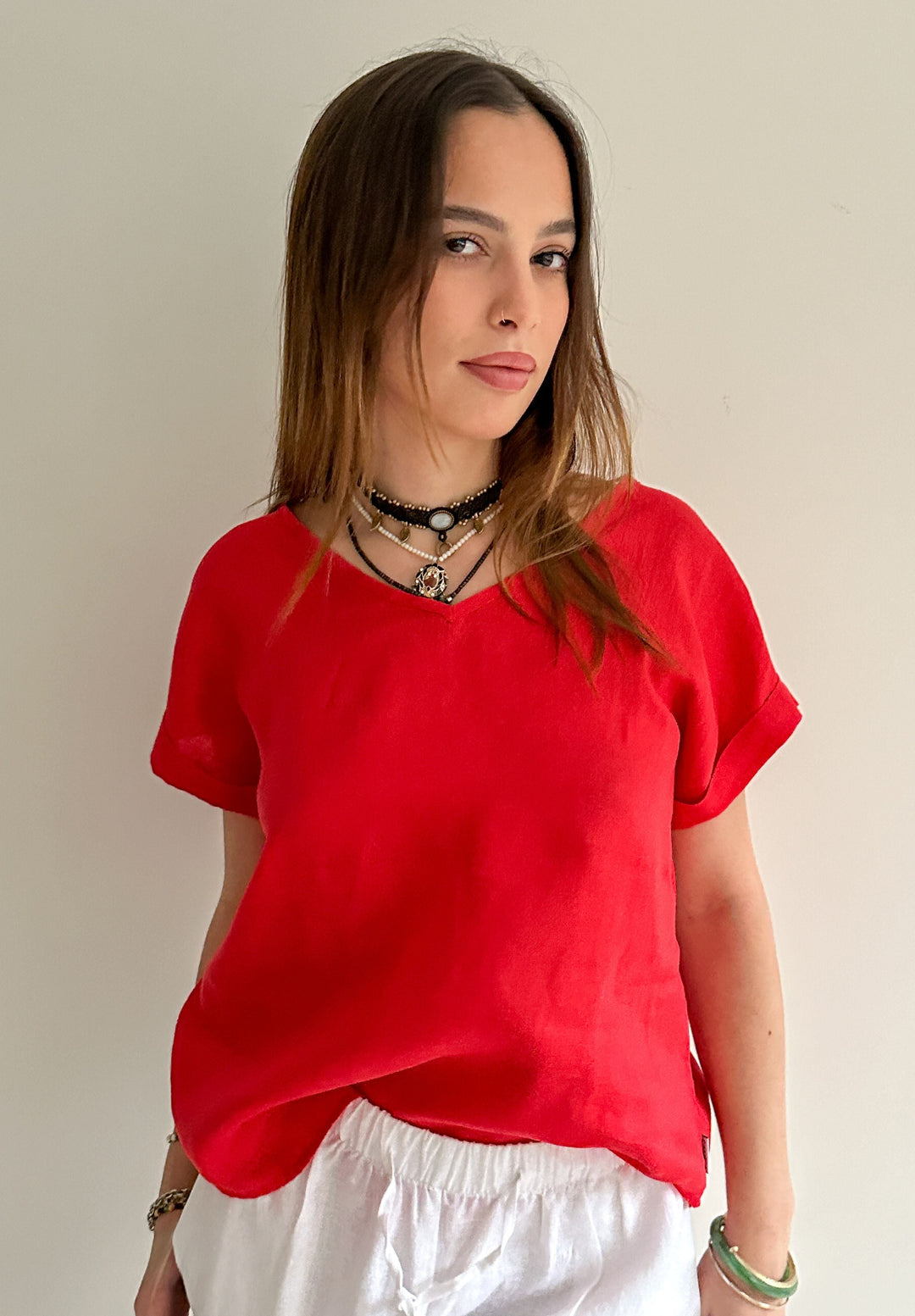 Martina Red Linen T-Shirt – camixa.com