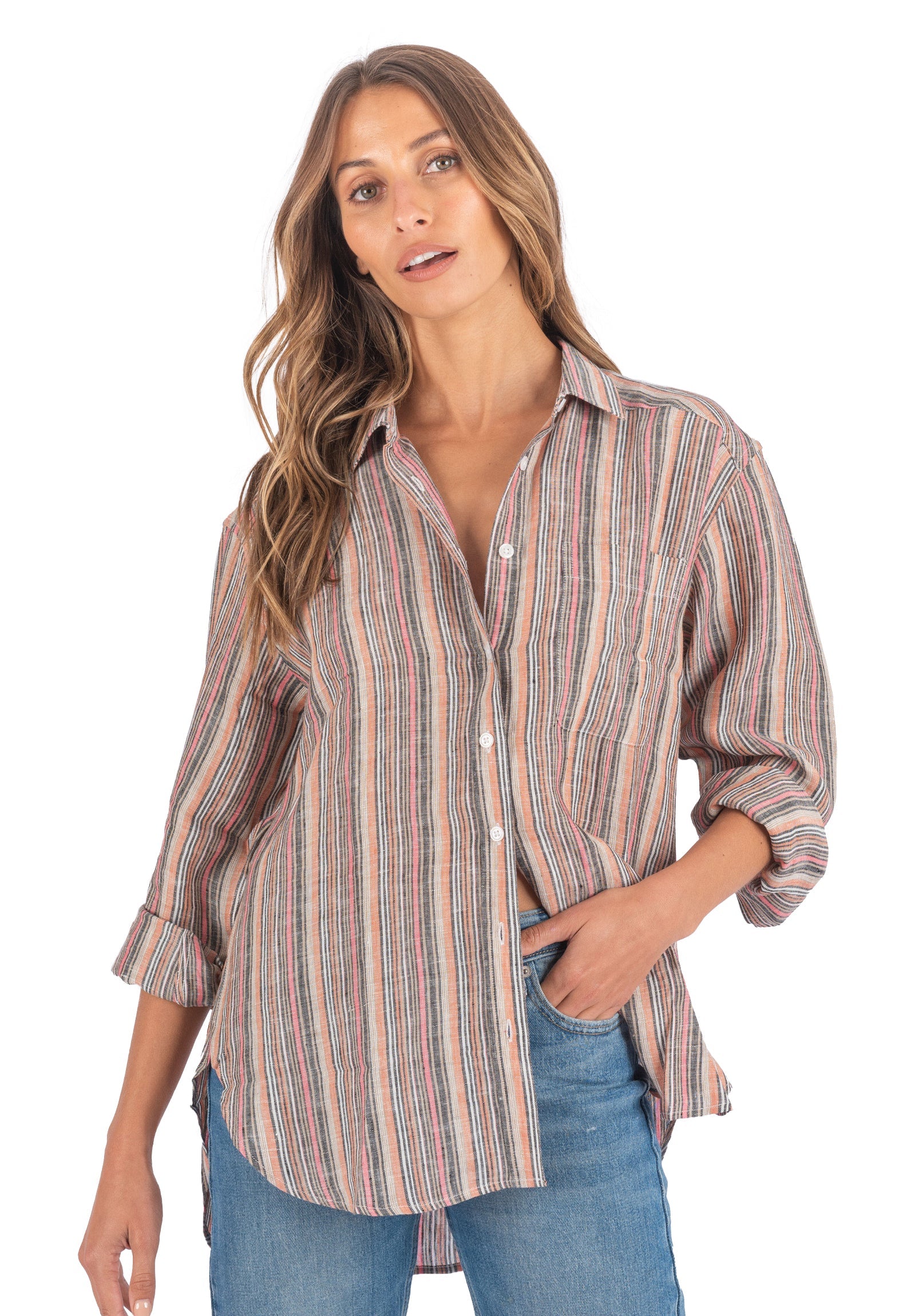 Poppy-Linen Pink Multi Stripes Oversized Linen Shirt – camixa.com